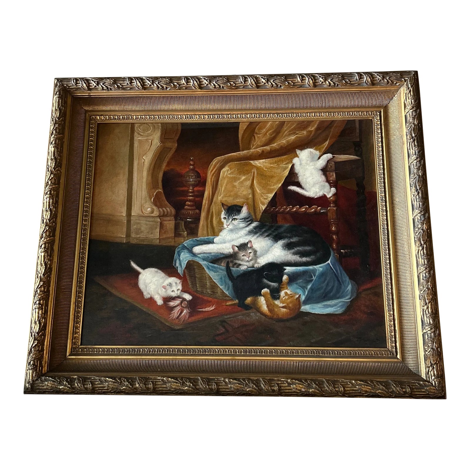 20 Th Century Laura E Cassidy Cat With Kittens Oil Painting With Ornate ...