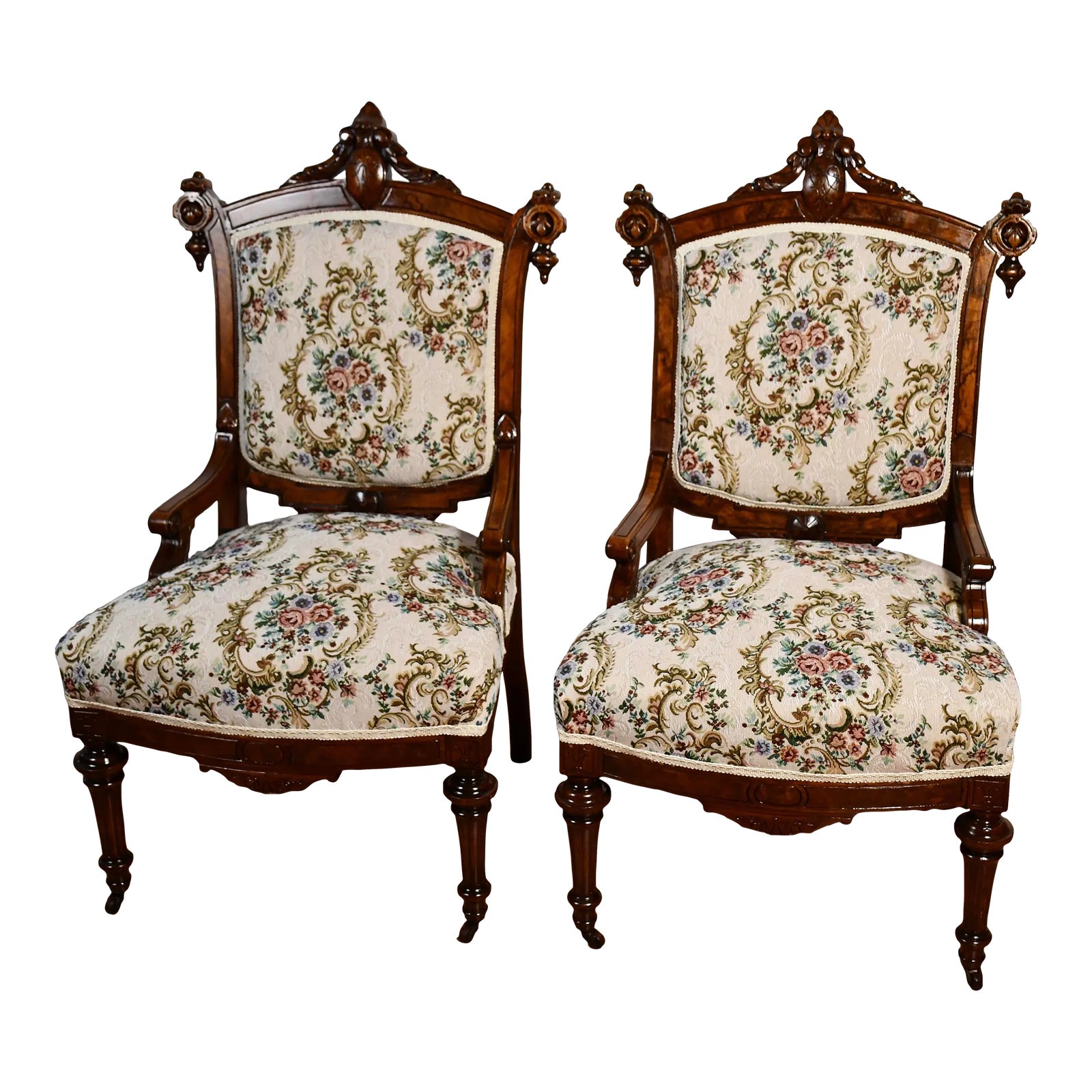 1860s Pair of Antique Victorian Carved Walnut Living Room Chairs/ Side ...