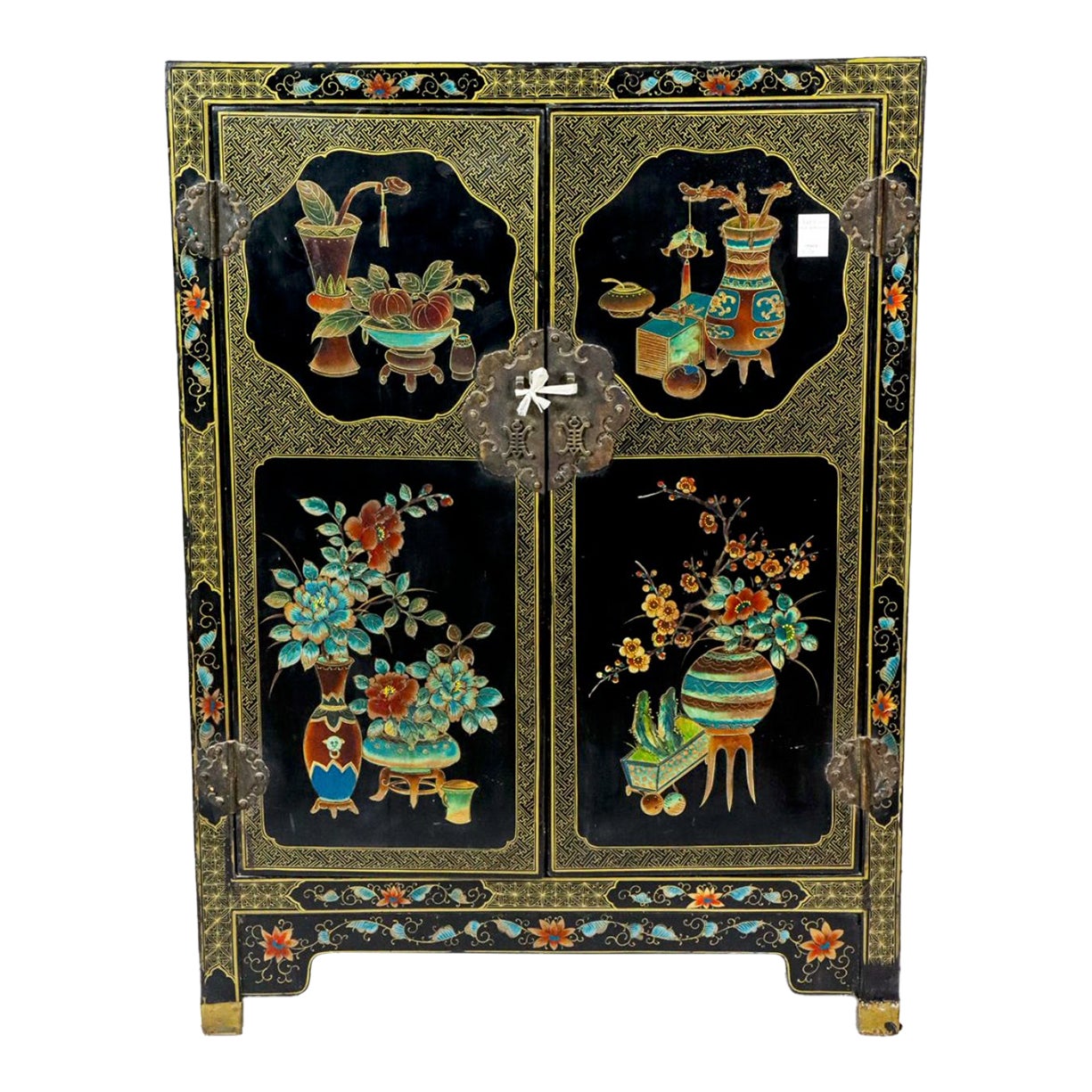 Vintage Black Lacquer Chinoiserie Cabinet / Bar Cabinet W/ Hand-Painted ...