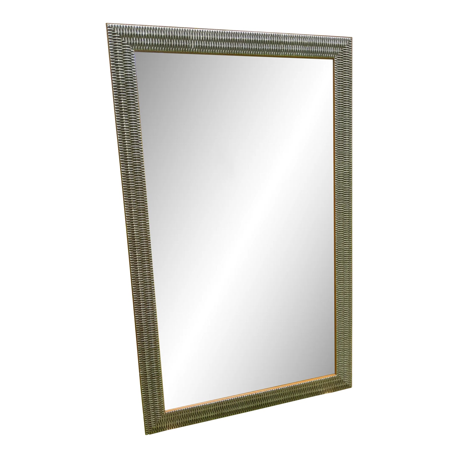 1990s Art Deco Style Woven Geometric Metallic Silver Wood Framed ...