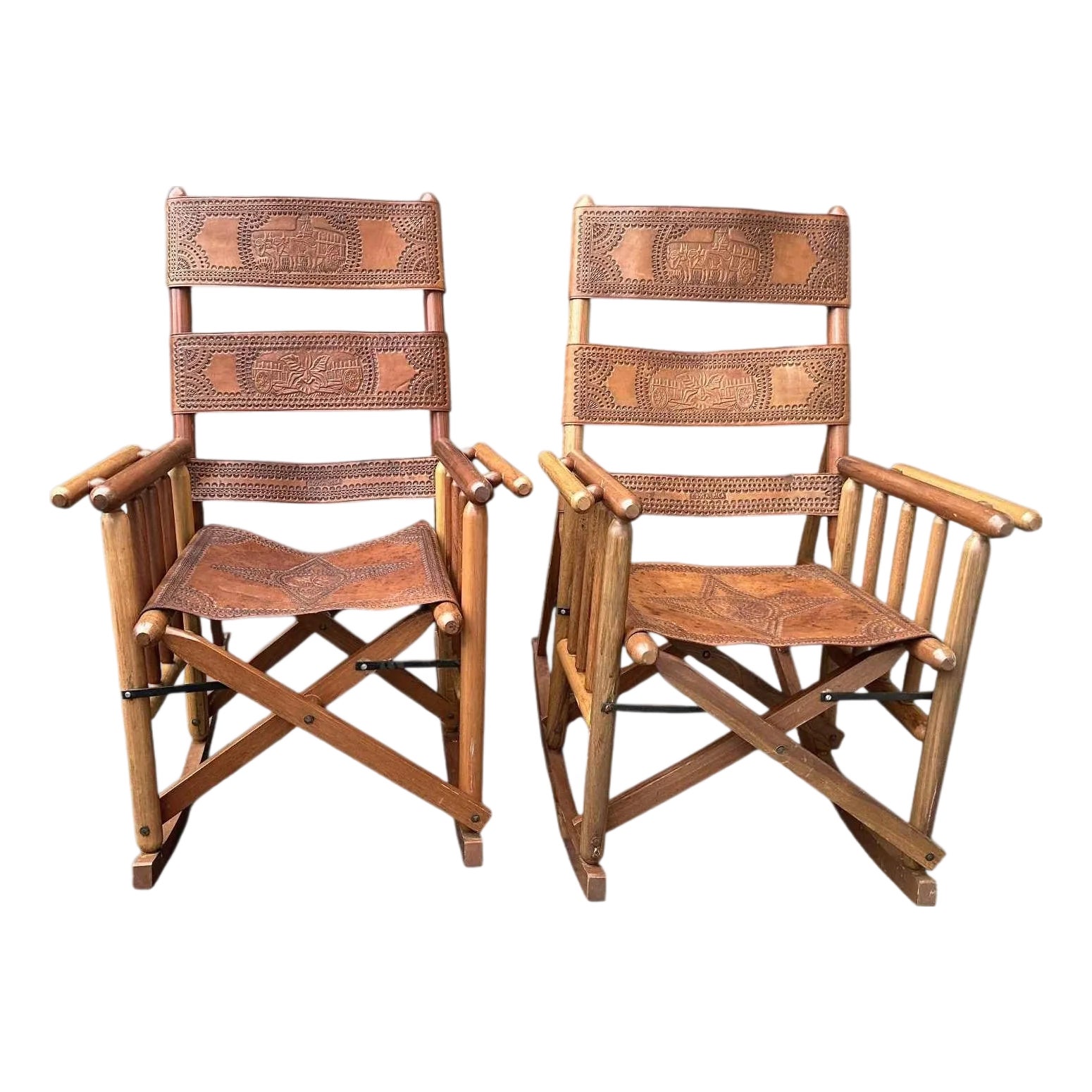Late 20th Century Costa Rican Vintage Teak and Embossed Leather Folding ...