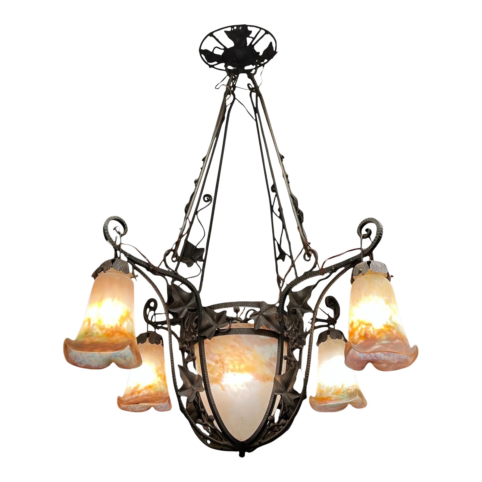 Art Deco Muller Frères Wrought Iron & Art Glass Chandelier | Chairish