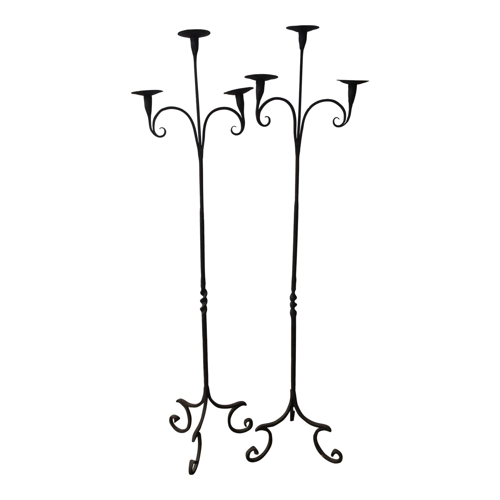 Vintage Pair of Hand-Forged Black Wrought Iron Floor Standing 3 Light ...