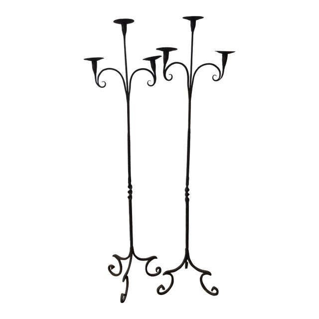 Vintage Pair of Hand-Forged Black Wrought Iron Floor Standing 3 Light ...