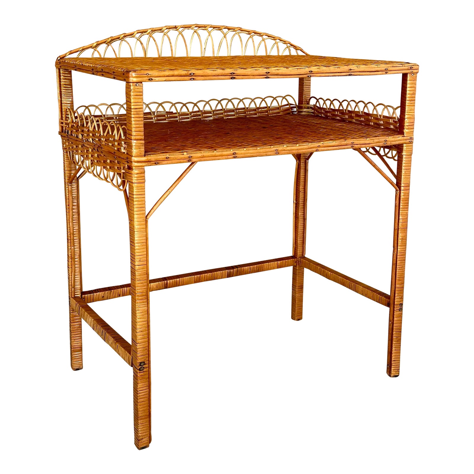 Mid-20th Century French Country Coastal Rattan Wrapped Vanity | Chairish