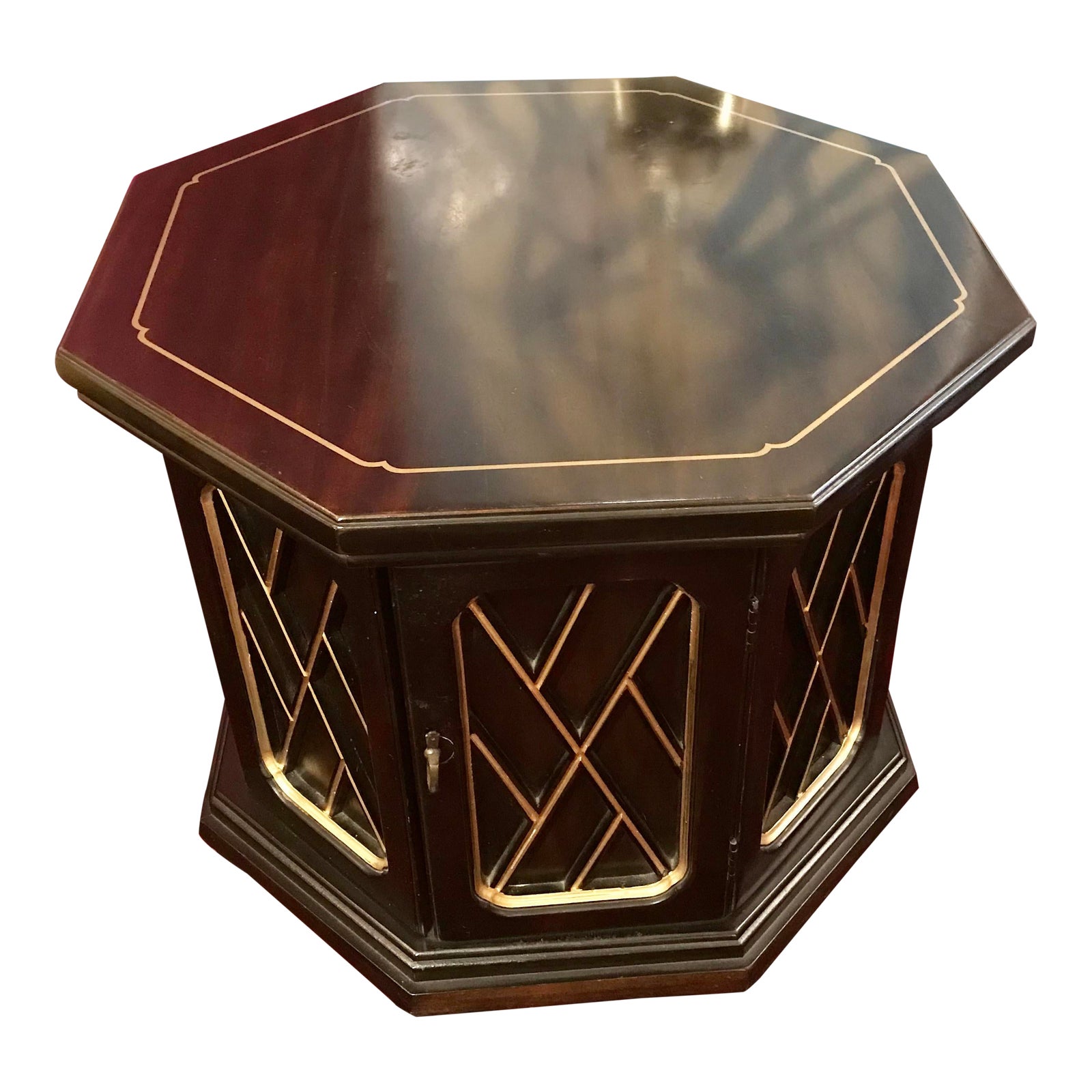 Mid Century Ebonized and Gold Trim Octagonal Side Table/ Cabinet | Chairish