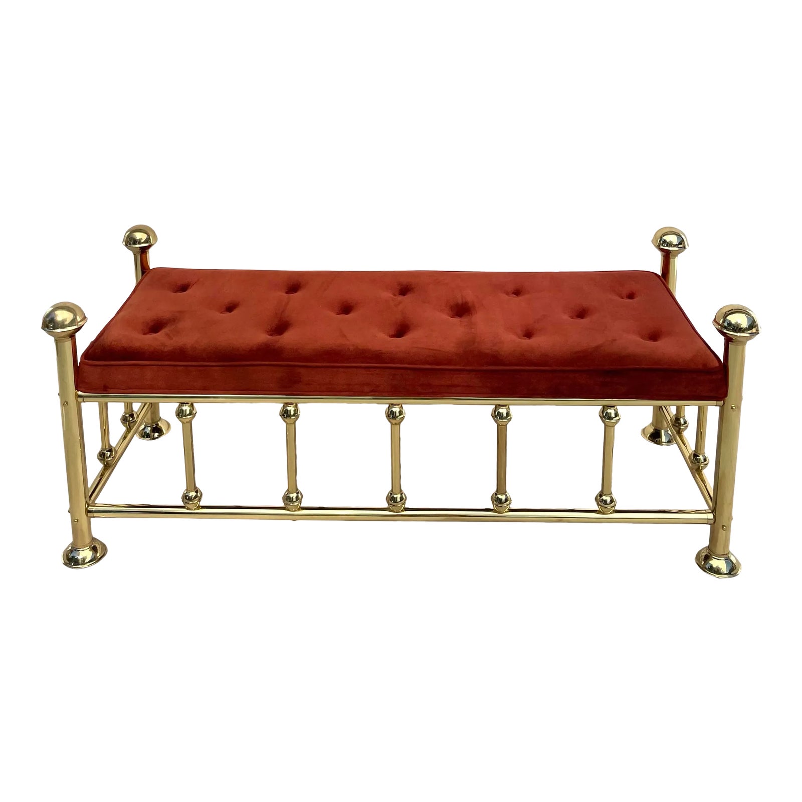 Regency Gold Tubular Bench With Tufted Upholstered Seat | Chairish