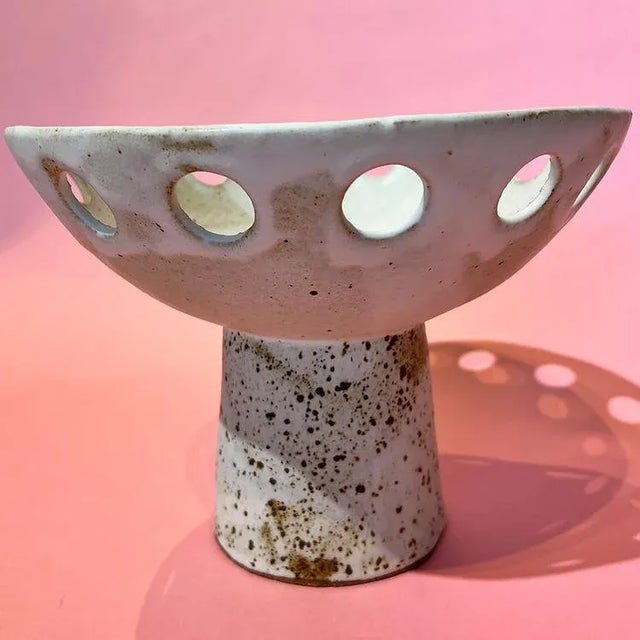 Ceramic White Footed Bowl, Modern Rustic With Round Cutouts | Chairish