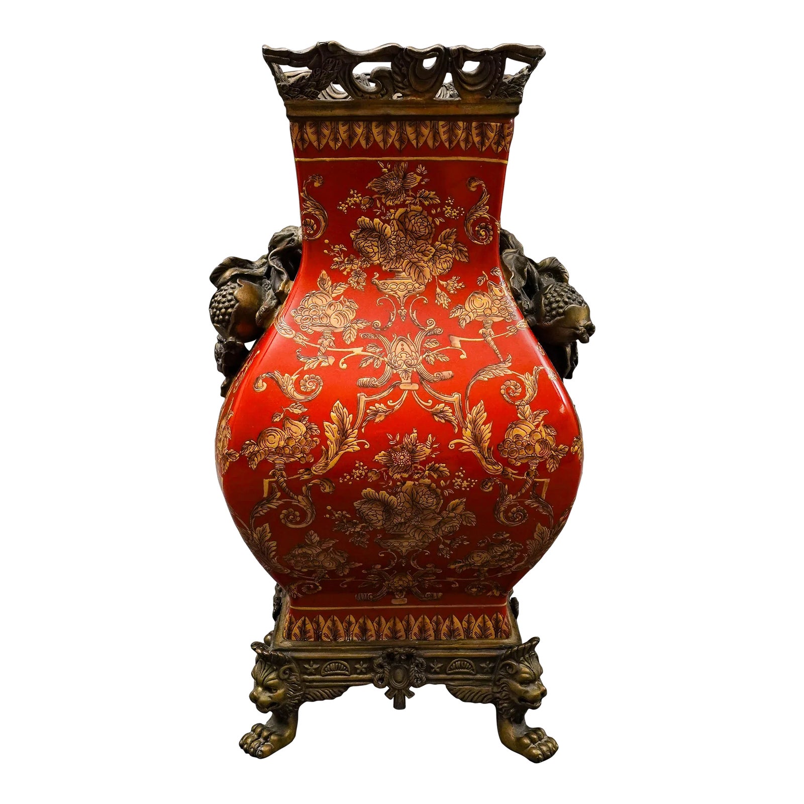 Mid 20th Century Mark Roberts Floral Porcelain & Bronze Footed Vase ...