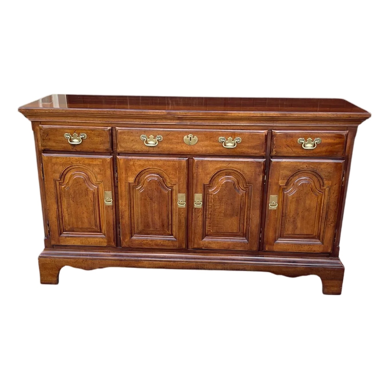 1990s Vintage Cherry Wood Sideboard With Brass Handles and Pulls | Chairish