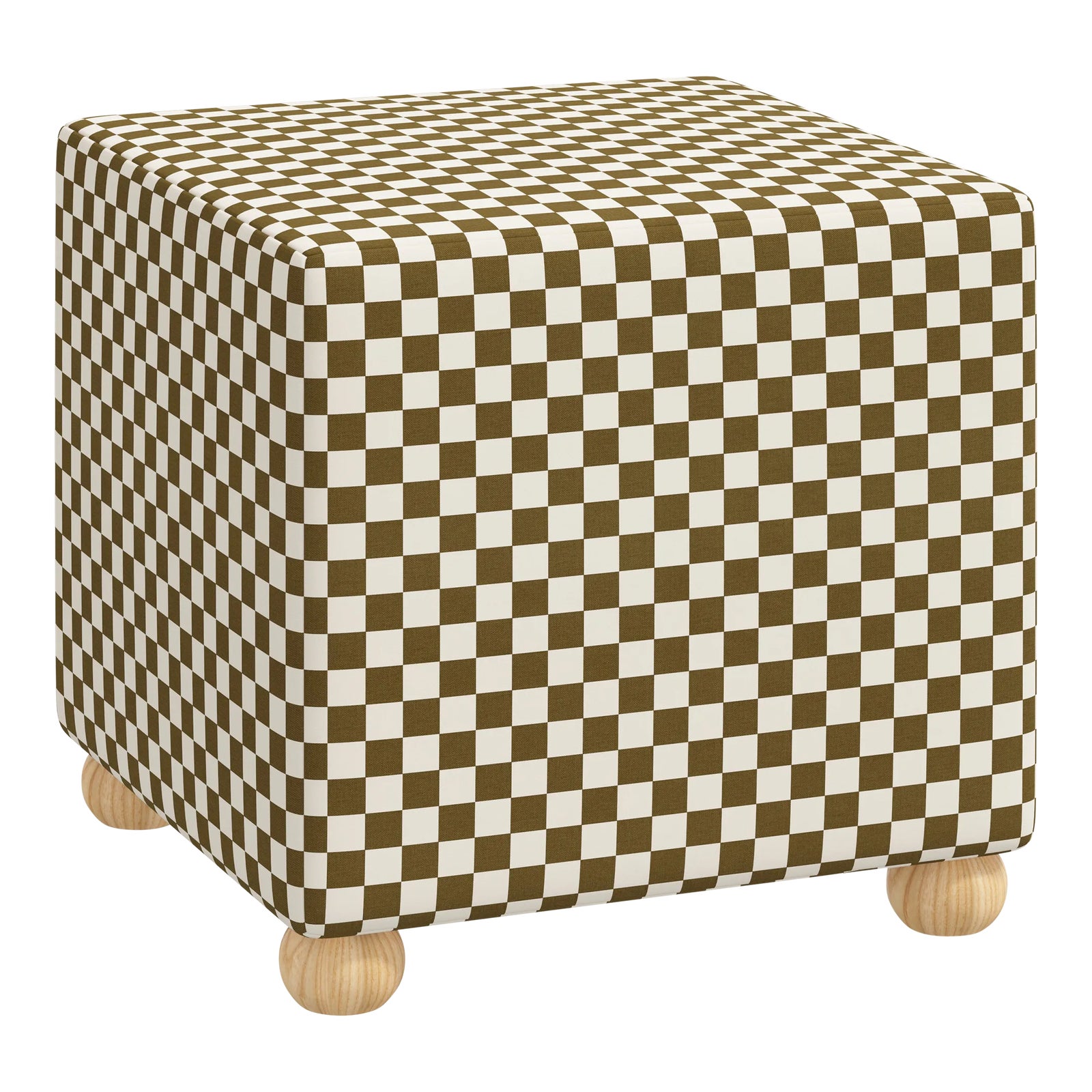 Square Ottoman with Bun Legs in Checkerboard Olive | Chairish