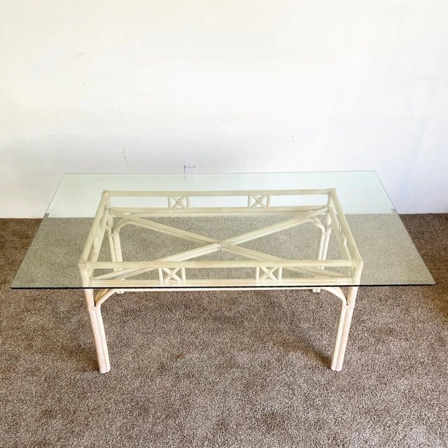 Boho Chic Beveled Glass Top Bamboo Rattan Rectangular Dining Table ...