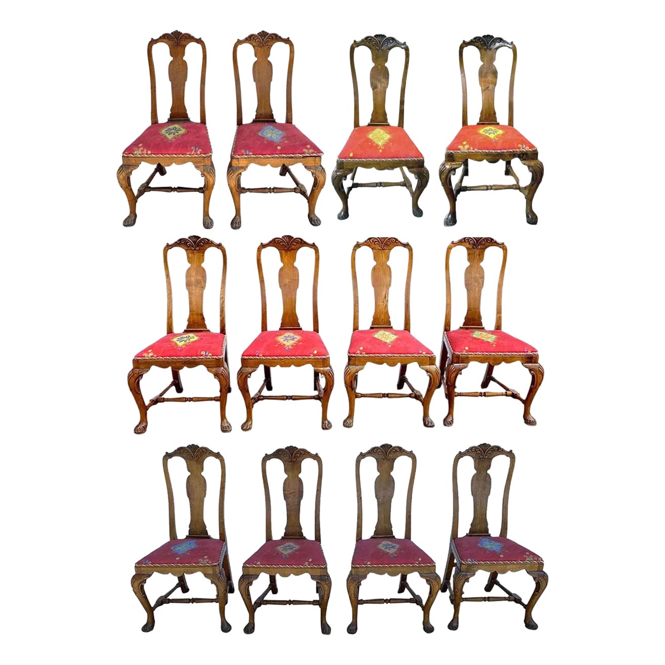 19th Century Set 12 English/Irish Queen Anne Style Walnut Upholstered ...