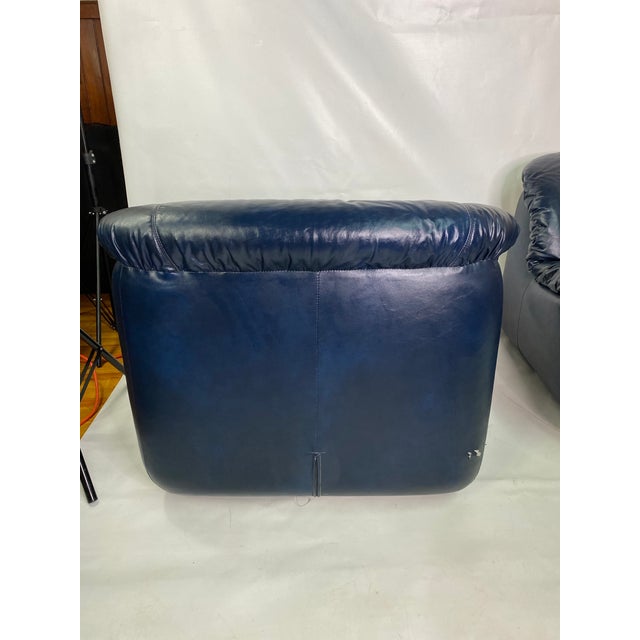 Pair Mid Century Blue Leather Matching Pod Style Chairs | Chairish