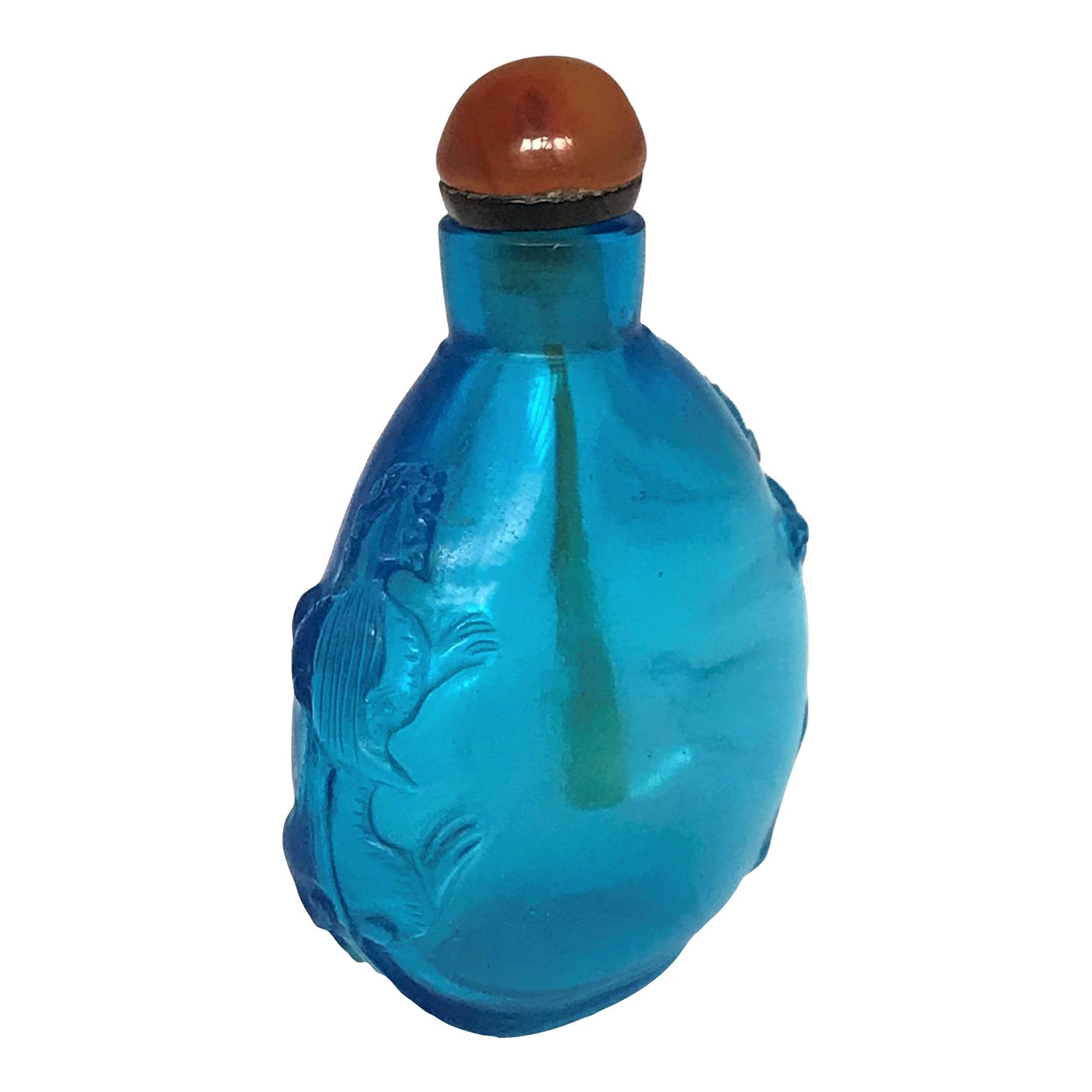 Vintage Clear Blue Snuff Bottle Decorated With Stylized Dragons | Chairish