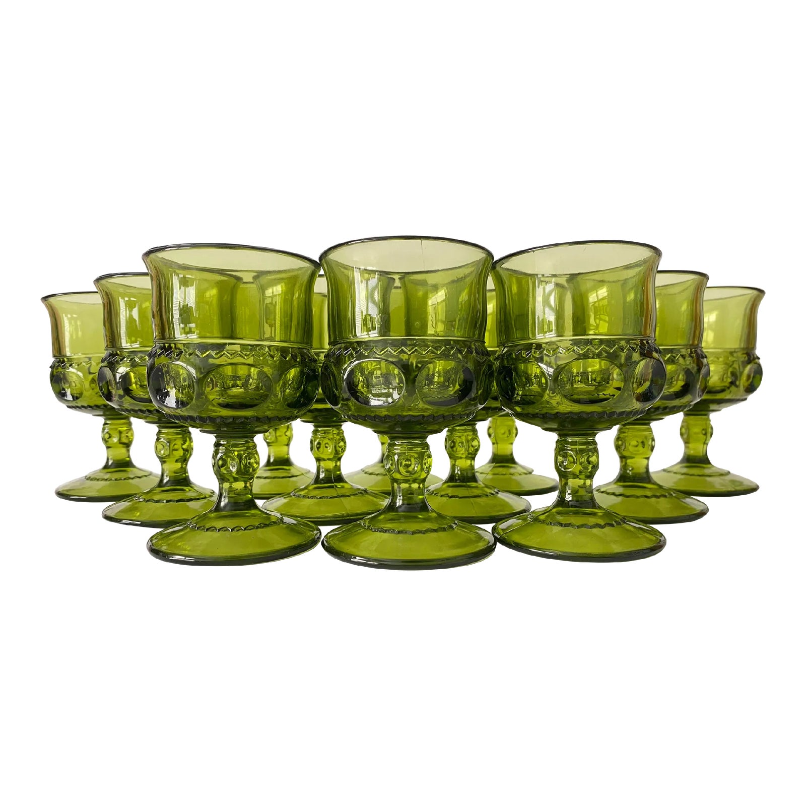 Mid Century King's Crown Thumbprint Green Glass Wine Goblets- Set of 12 ...
