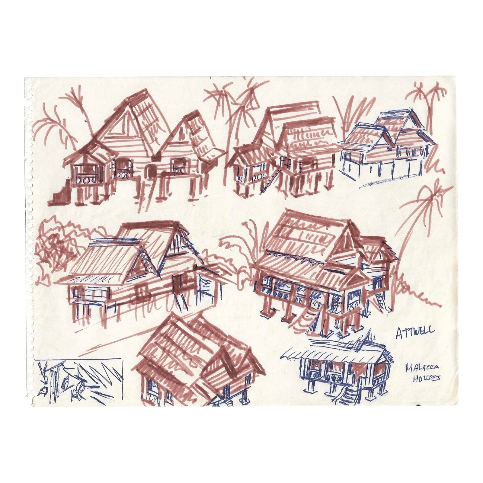 1960s Ivy Attwell Malacca Houses Malaysia Drawing | Chairish