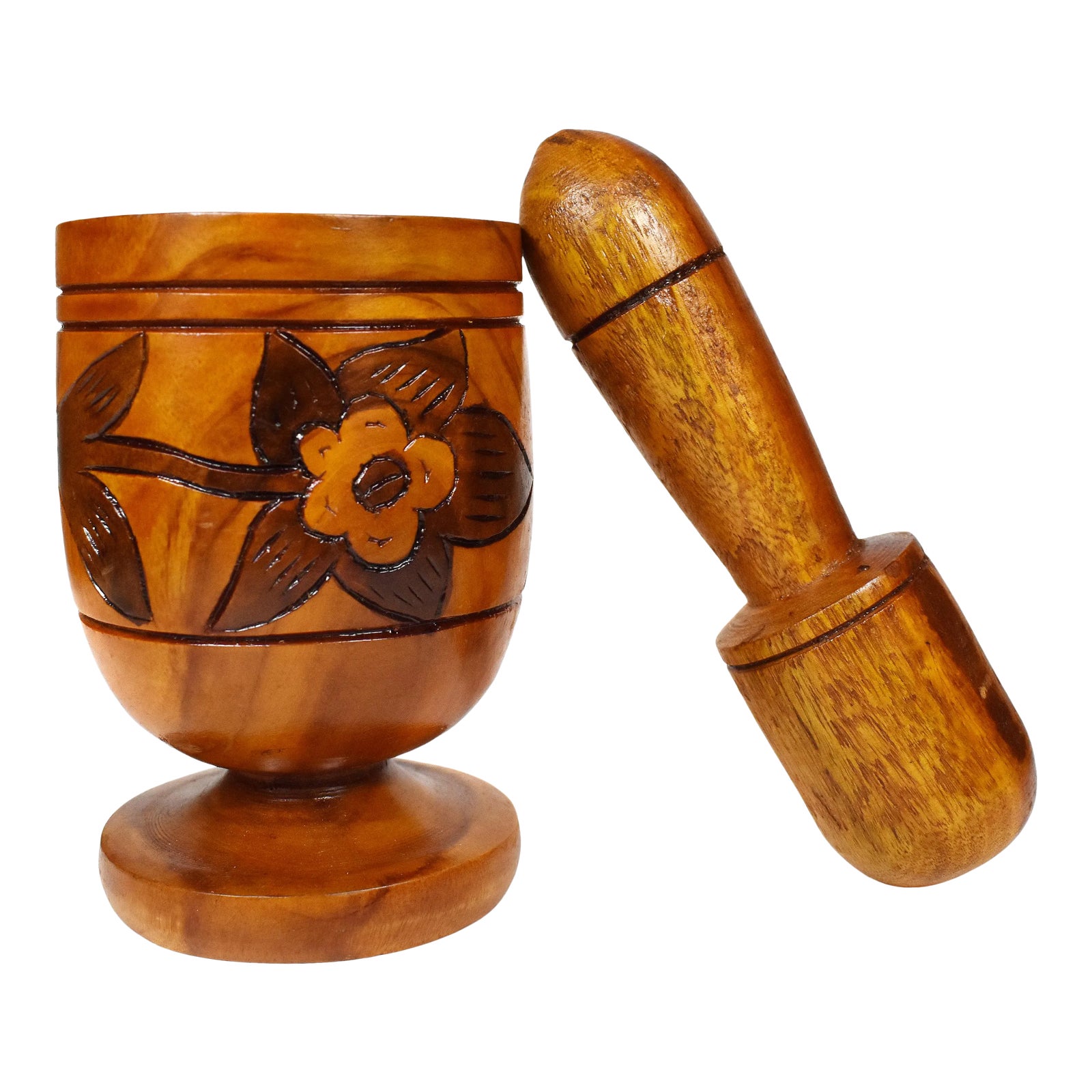 Vintage Hand-Carved Wood Footed Mortar & Pestle Set- 2 Pieces | Chairish