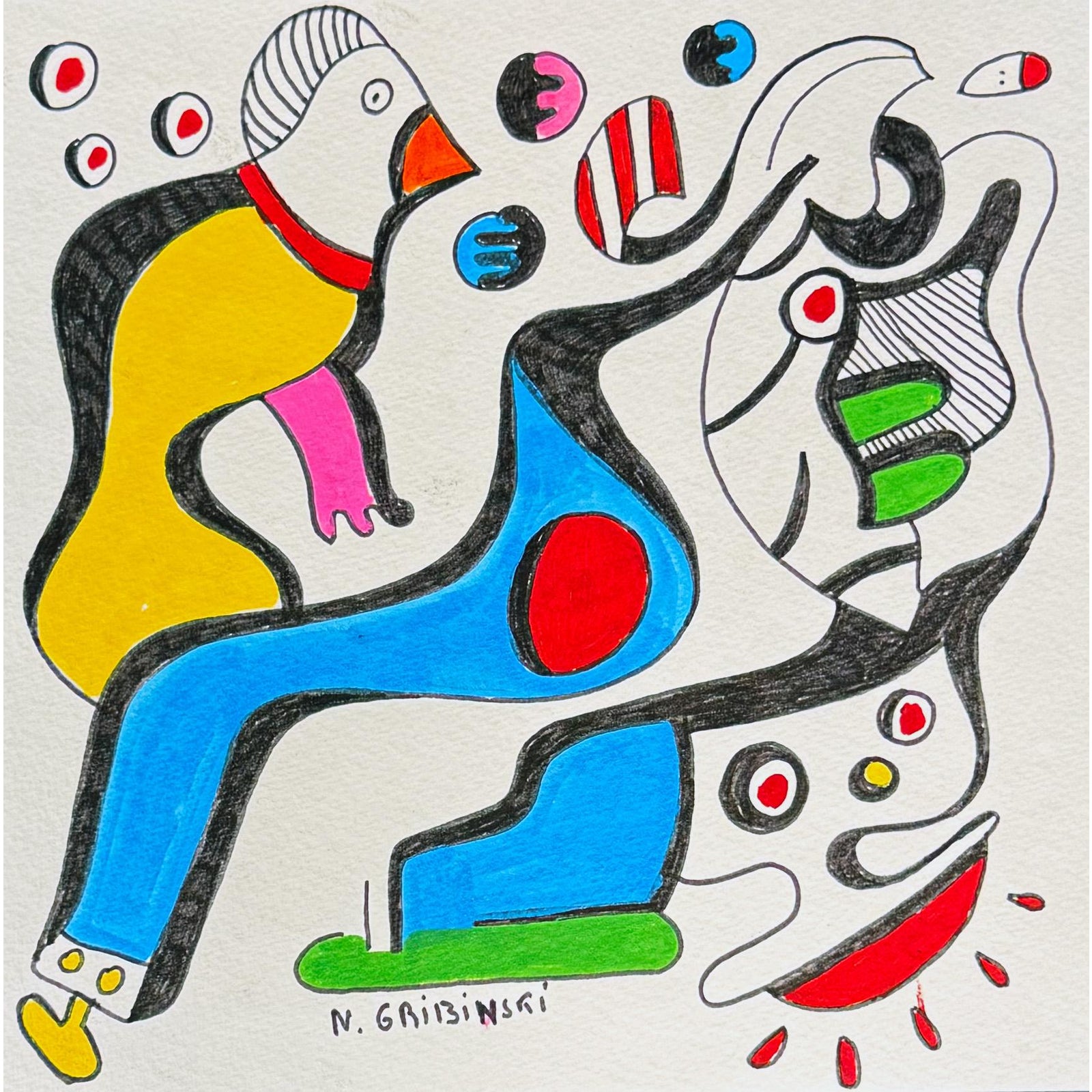 She Flew Out of Color — Small Abstract Figurative Drawing (8 X 8 In ...