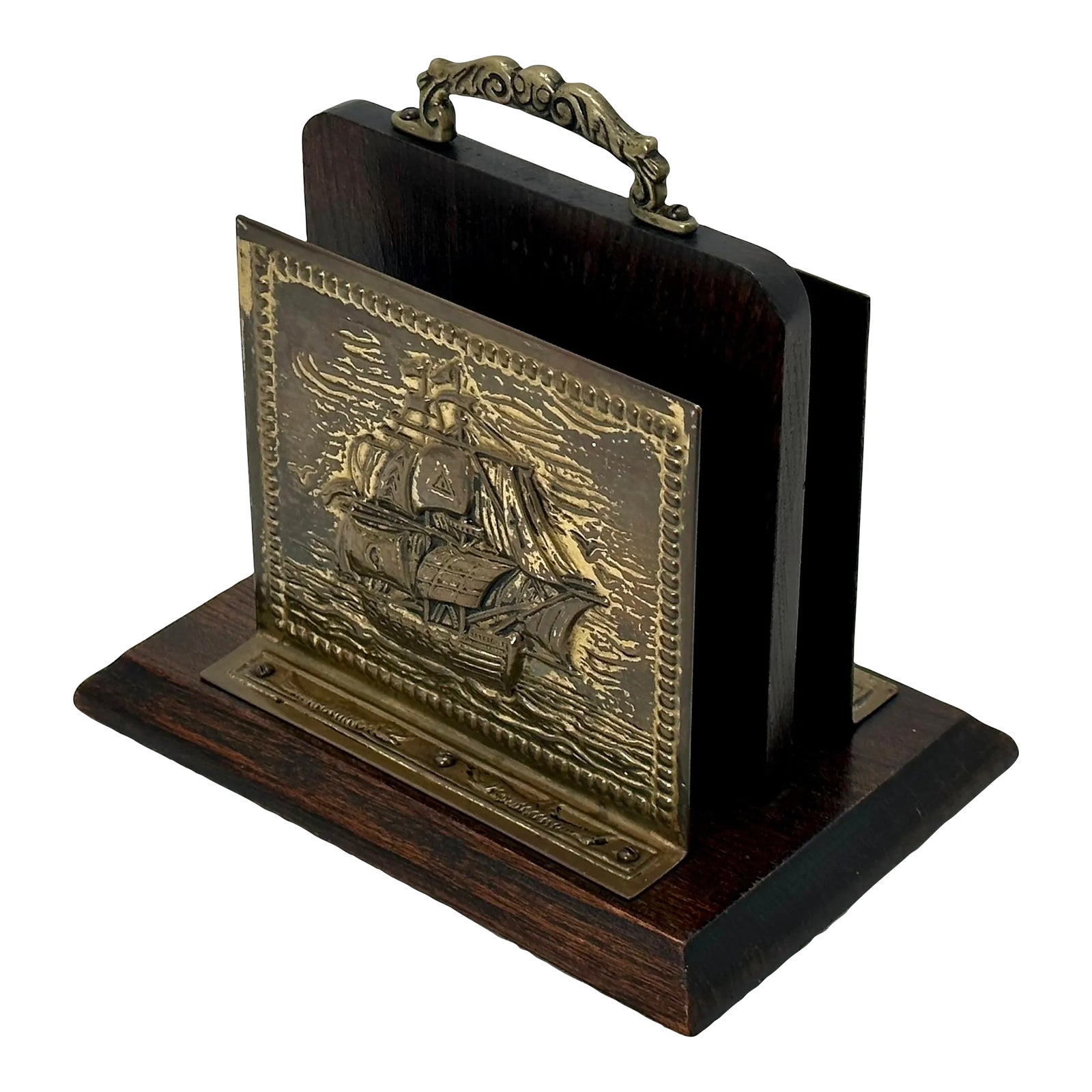 Vintage Mid 19th Century Nautical Teak Wood & Embossed Brass Galleon ...