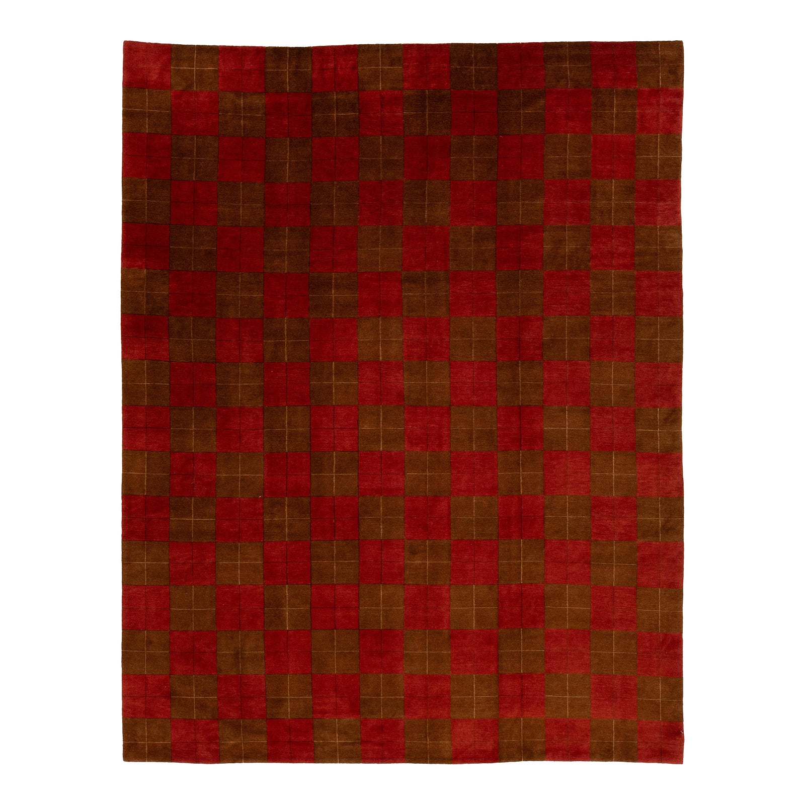 Red and Brown Contemporary Tibetan Wool and Silk Rug Featuring a Check ...