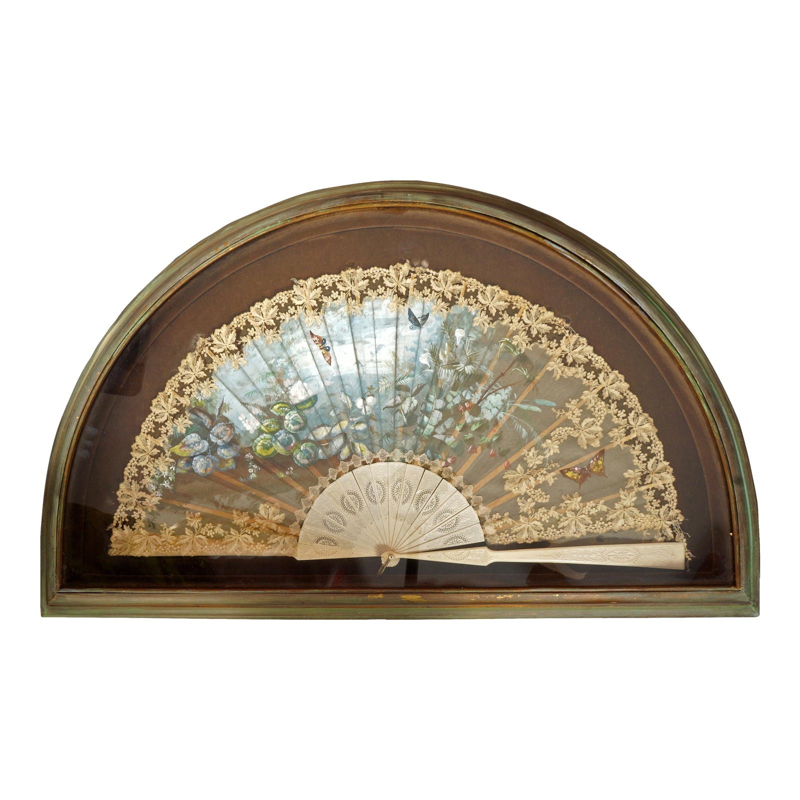 Large Framed French Victorian Hand Painted Lace Fan 19th C | Chairish