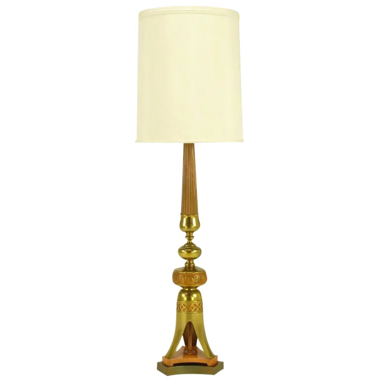Japanese Fluted Wood & Brass Reverse Trefoil Base Table Lamp | Chairish