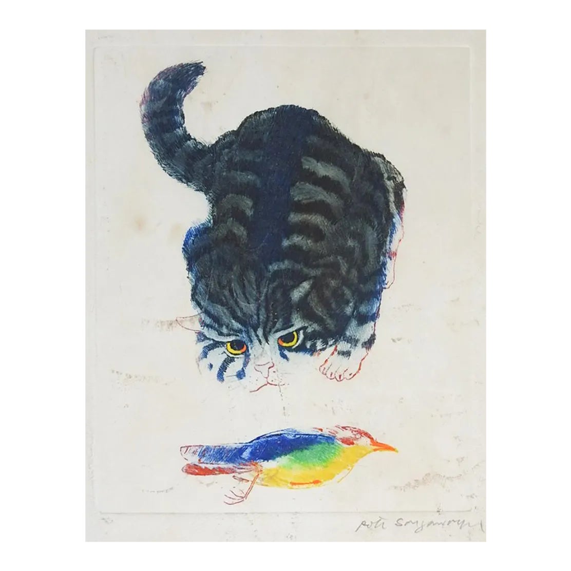 Vintage Late 20th Century Color Etching of Cat With Bird | Chairish
