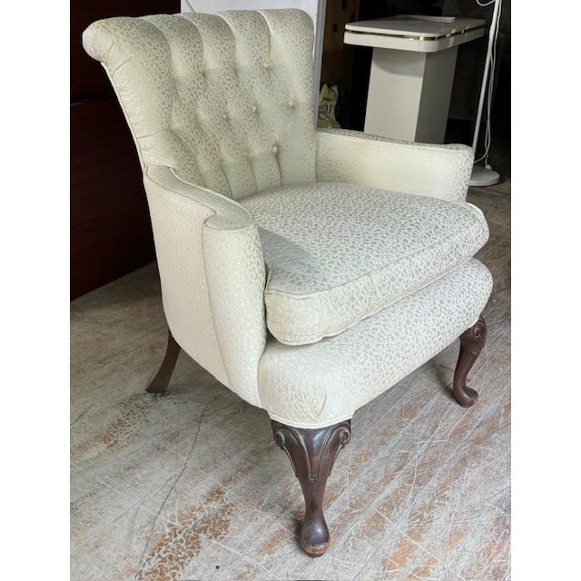 Mid Century Off White Damask Tufted Back Club Chair | Chairish