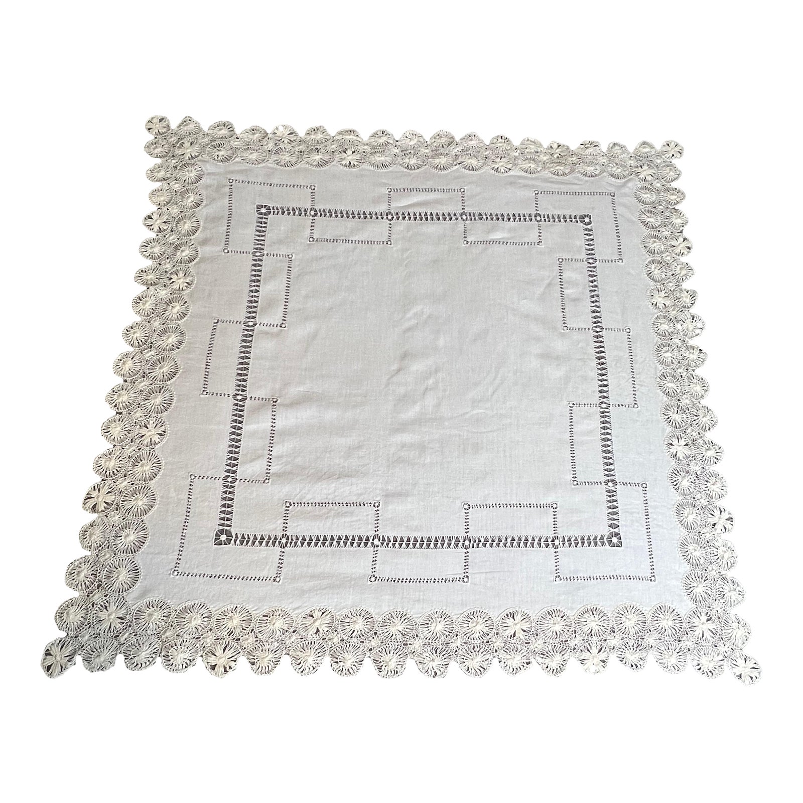 1940s Rustic Linen Table Topper or Centerpiece With Crocheted Lace ...