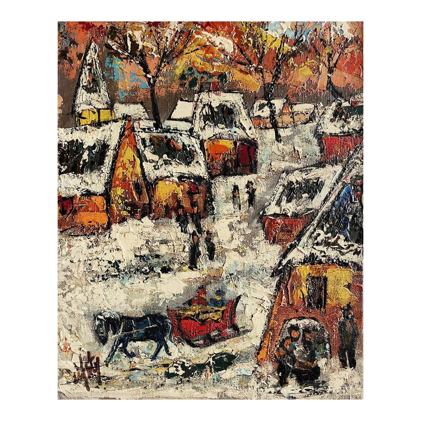 1970 Henry Maurice d'Anty Village Sous La Neige Oil on Canvas | Chairish