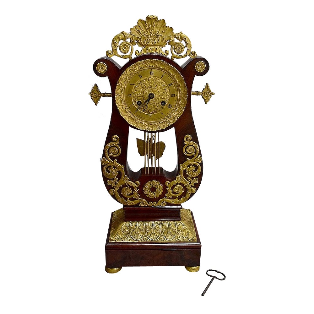 Empire Lyre Pendulum in Mahogany and Gilded Bronze | Chairish