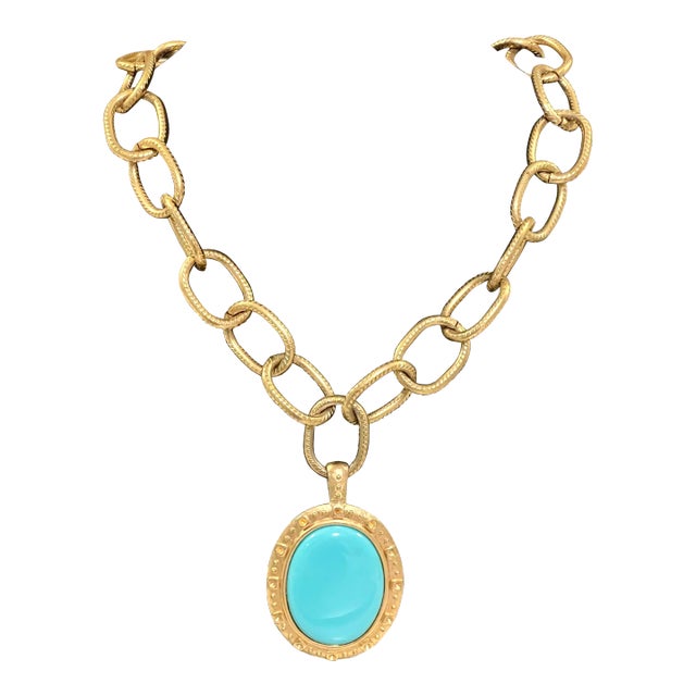 1990s Etruscan Look Faux Persian Turquoise Gold Link Necklace | Chairish