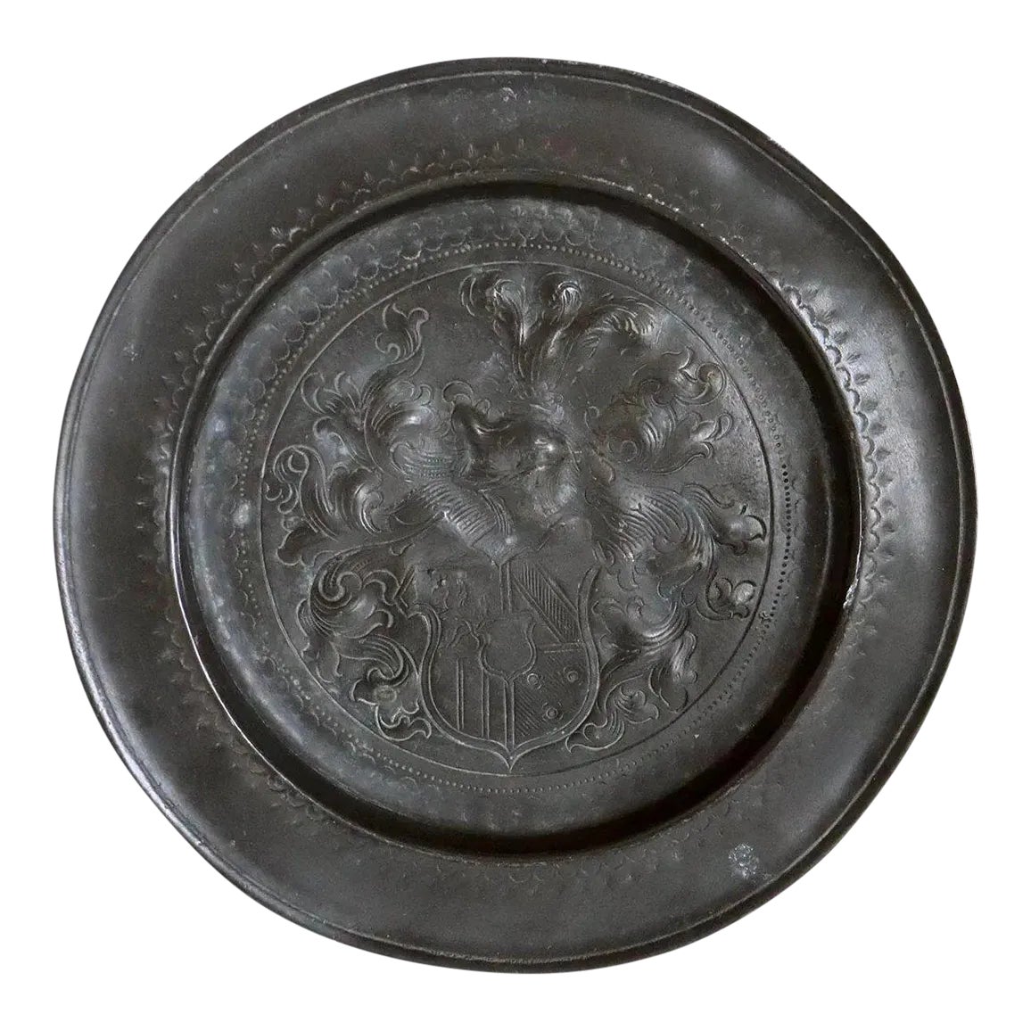 German Pewter Repousse and Chased Armorial Reeded Edge Plate | Chairish