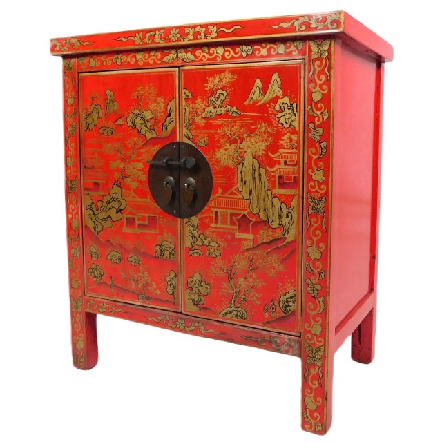 Red Lacquer Chest With Golden Painted Landscape | Chairish