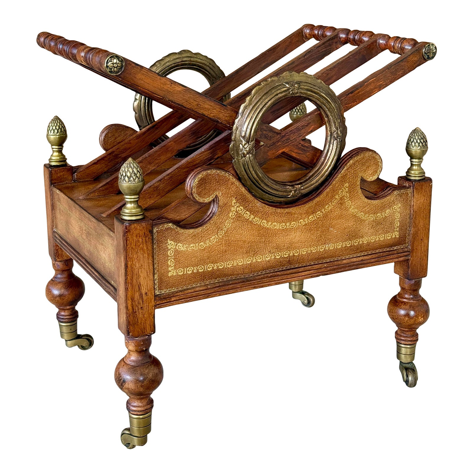 Vintage Leather and Maple Neoclassical Canterbury Magazine Rack With Brass Accents | Chairish