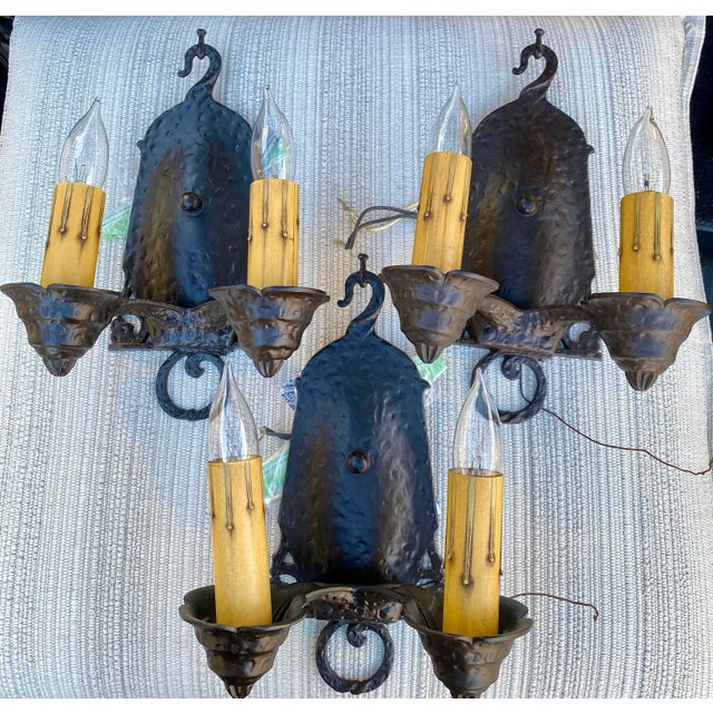 1930s Spanish Colonial 2 Light Hand Forged Wall Sconces | Chairish