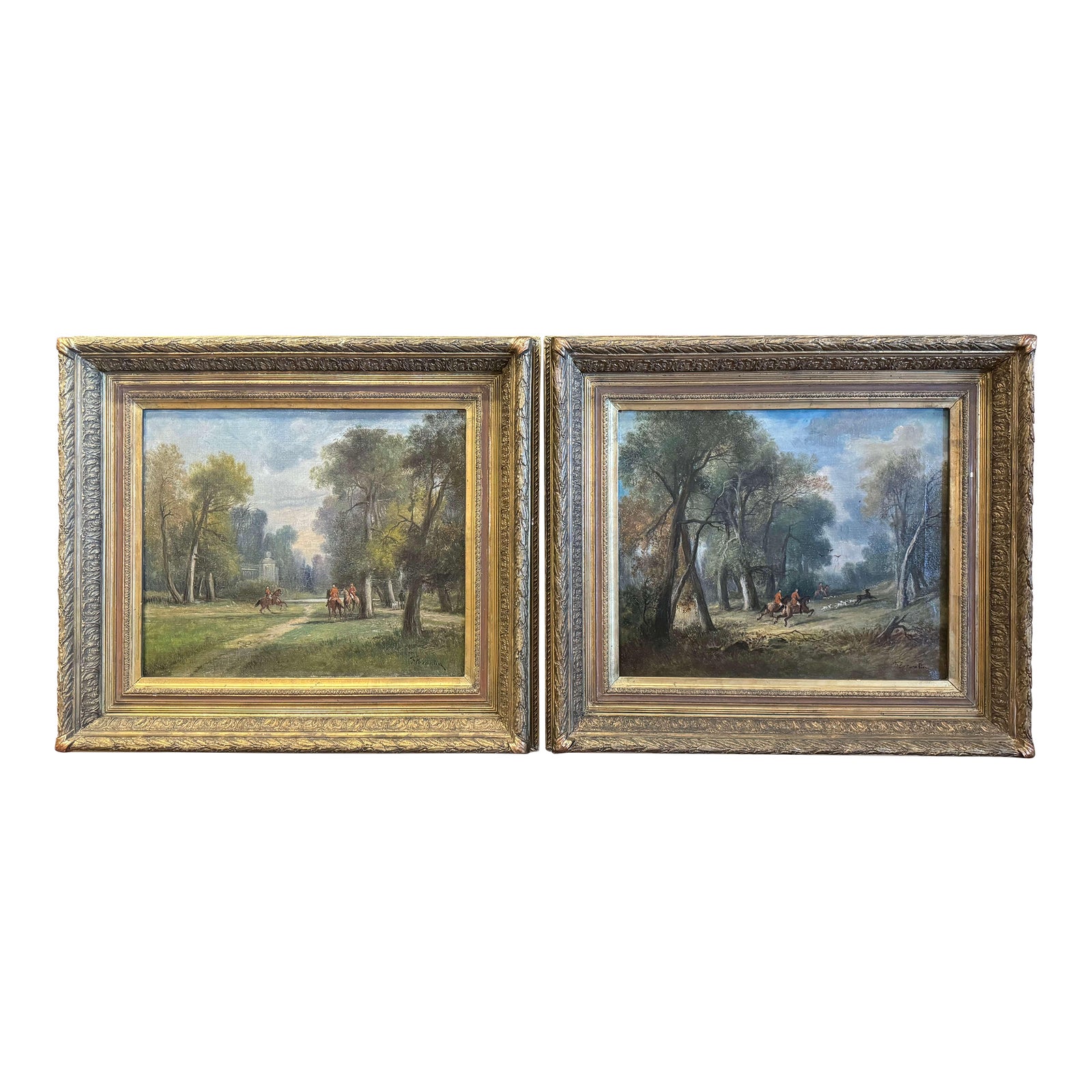 Pair of 19th Century French "Chasse a Courre" Oil Paintings Signed ...