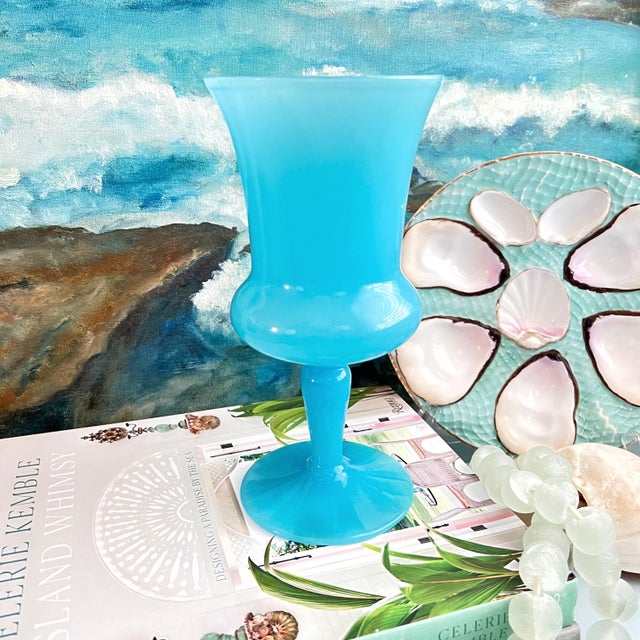 Late 20th Century Turquoise Blue Opaline Stemmed Glass Vase | Chairish