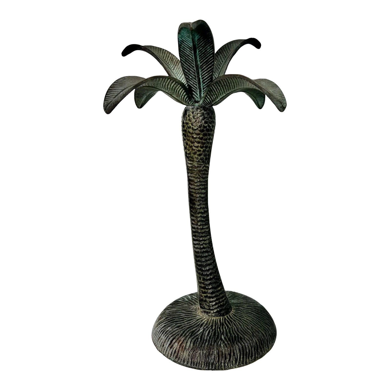 Vintage Coastal Patinated Brass Palm Tree Candlestick Holder | Chairish