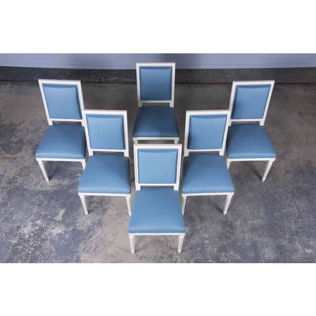 French Louis XVI Style Painted Square Back Dining Chairs W/ Blue Vinyl ...