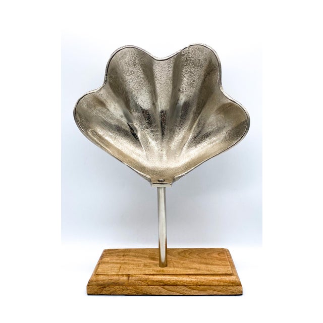 Contemporary Cast Aluminum Clam Sea Shell on Wood Stand | Chairish