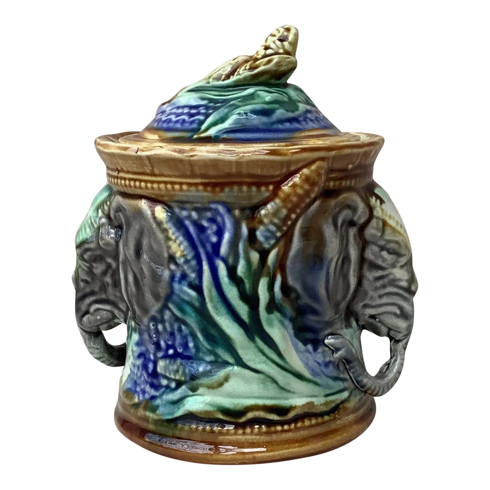 19th Century Majolica Elephant Jar signed Onnaing | Chairish