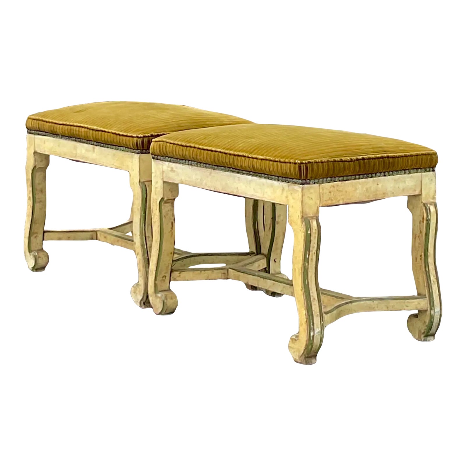 Vintage Pair of Carved Wood Corduroy Stools | Chairish