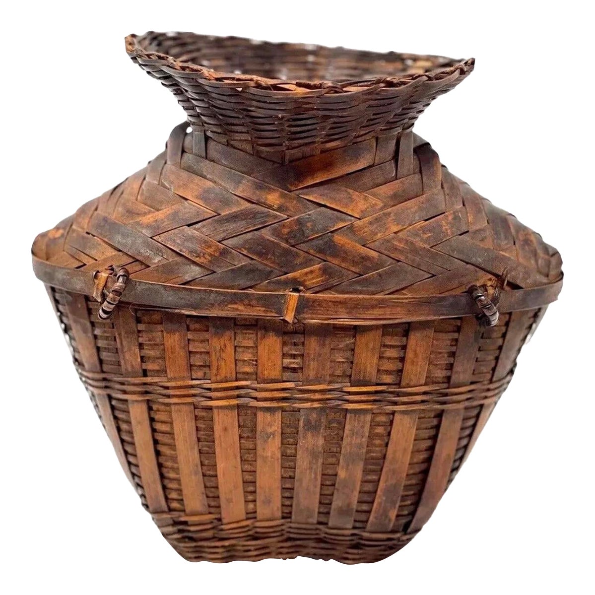 Mid 20th Century Asian Bamboo Woven Gathering Basket | Chairish