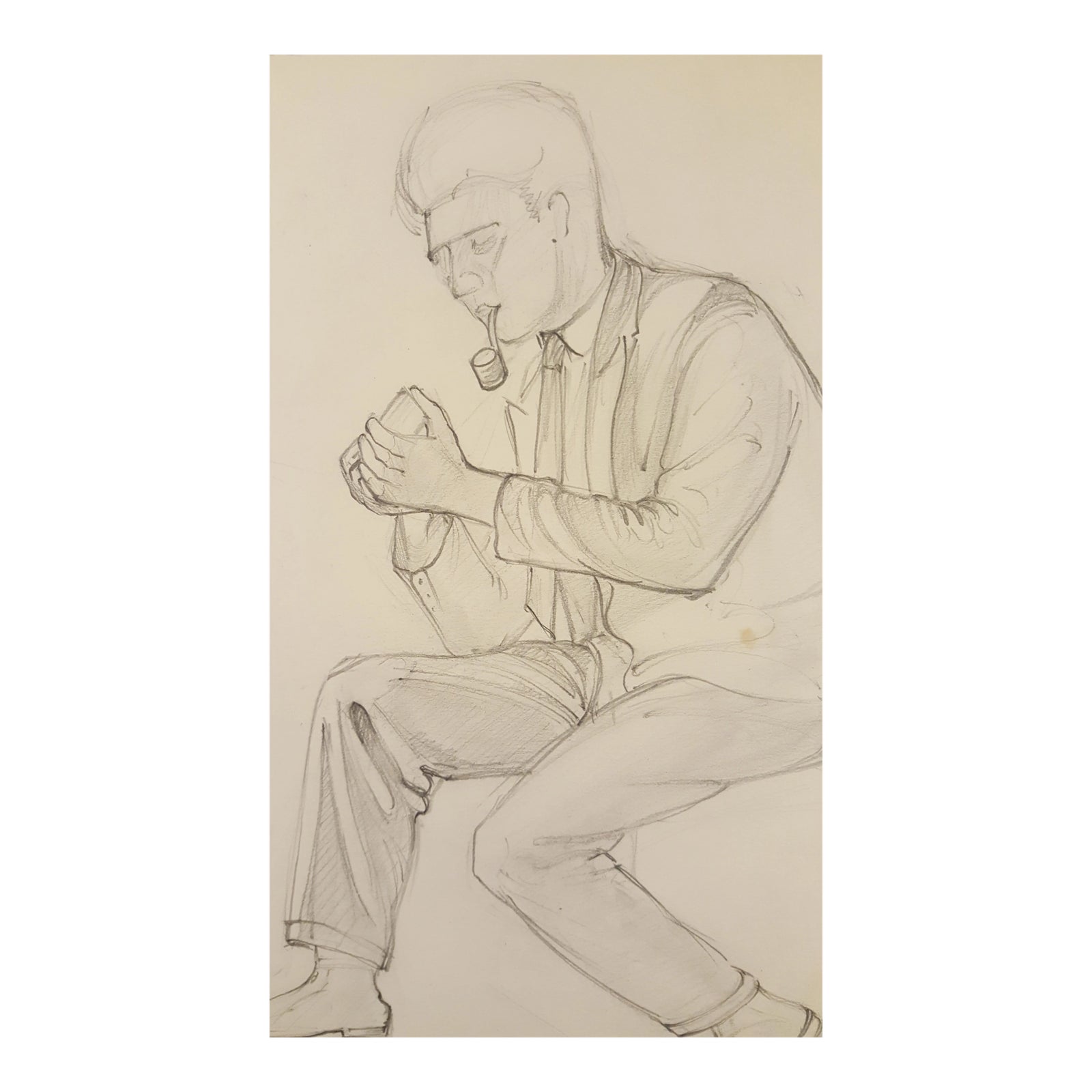 Drawing Of A Man Smoking A Pipe By Eileen Churm | Chairish