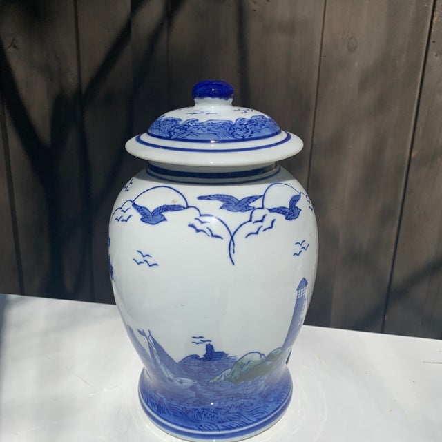 Chinoiserie Blue and White Sailboat and Lighthouse Vase With Lid | Chairish