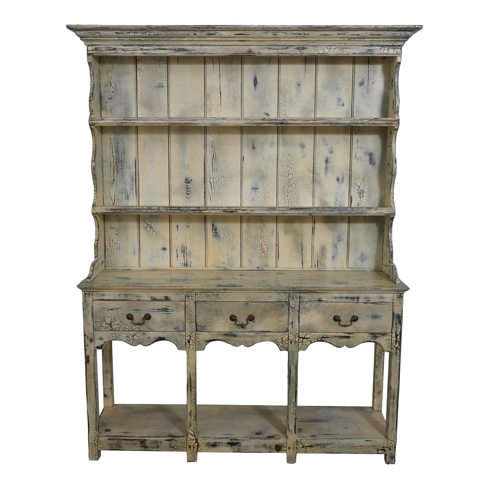 Country Crackle Paint Decorated Finish Step Back Hutch | Chairish