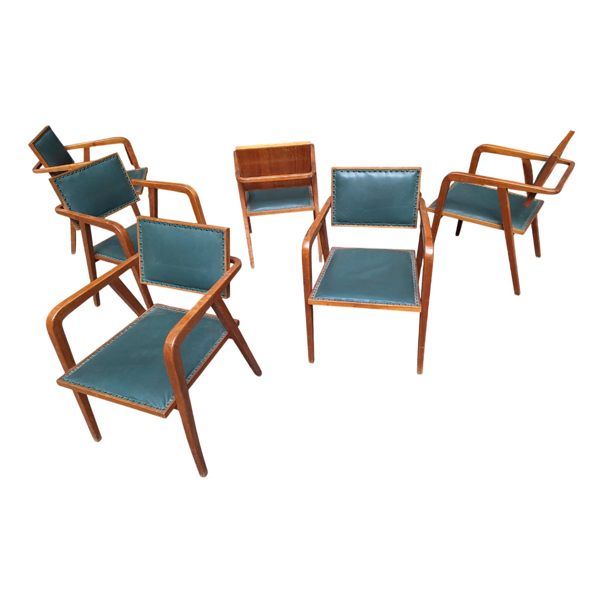 Armchairs in Walnut and Green Leather by Franco Albini, Set of 6 | Chairish