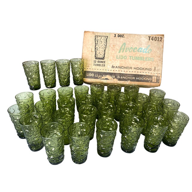 1970s Anchor Hocking Lido Crinkle Glass Tumblers In Avocado Set Of 8